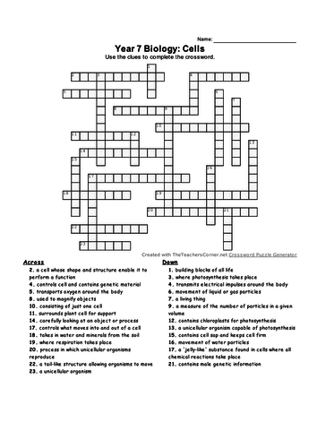 Year 7 B1.1 Cells, B1.2 Body Systems and B1.3 Reproduction Crosswords ...