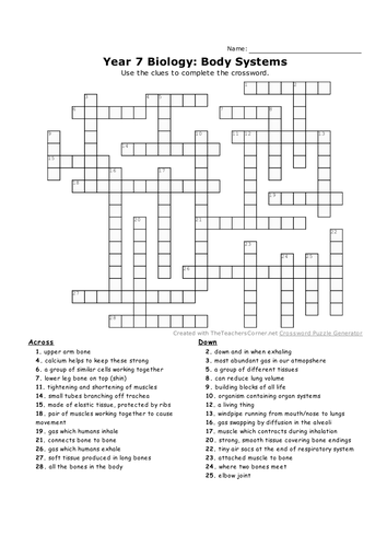 Year 7 B1.1 Cells, B1.2 Body Systems and B1.3 Reproduction Crosswords ...