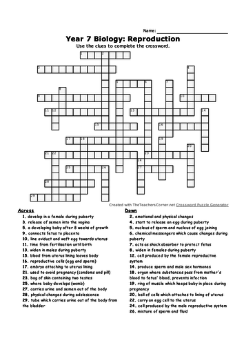 Year 7 B1.1 Cells, B1.2 Body Systems and B1.3 Reproduction Crosswords ...