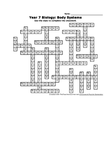 Year 7 B1.1 Cells, B1.2 Body Systems and B1.3 Reproduction Crosswords ...