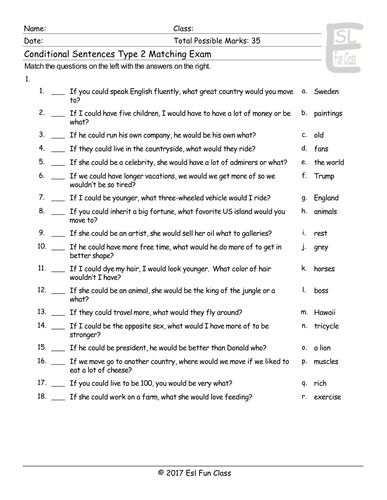 Conditional Sentences Type 2 Matching Exam | Teaching Resources