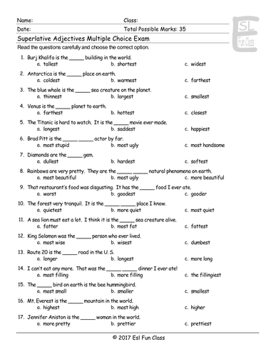 Superlative Adjectives Multiple Choice Exam | Teaching Resources Superlative Adjectives Multiple Choice Exam | Teaching Resources