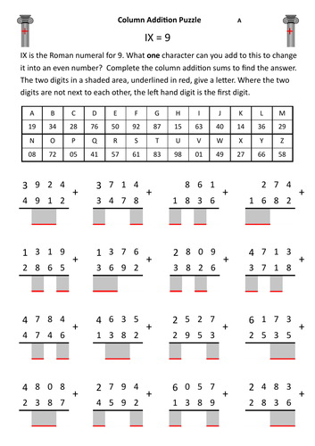 Column addition puzzle | Teaching Resources