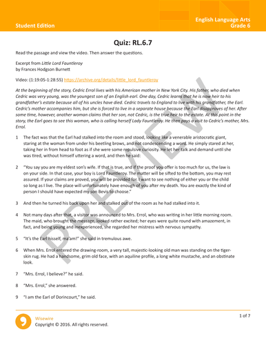 RL.6.7 - Quiz and Answer Guide | Teaching Resources