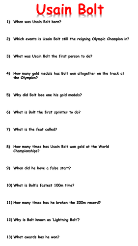 Usain Bolt Reading Comprehension | Teaching Resources