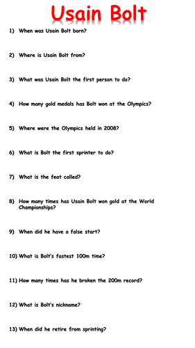 Usain Bolt Reading Comprehension | Teaching Resources
