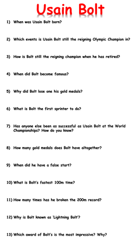 Usain Bolt Reading Comprehension | Teaching Resources