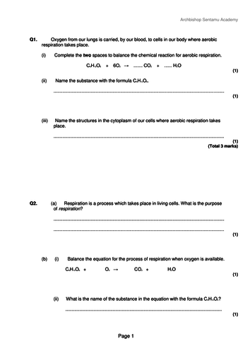 Aerobic respiration - AQA GCSE | Teaching Resources