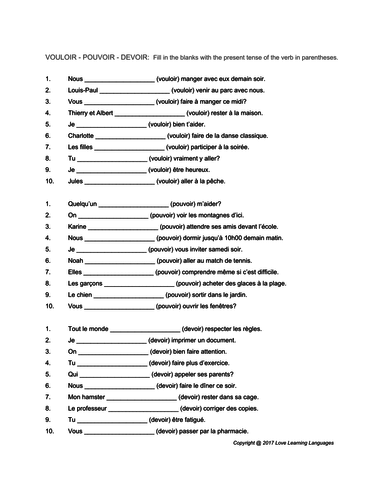 GCSE FRENCH: Vouloir - Pouvoir - Devoir - French grammar worksheet ...