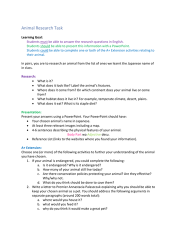 Animal Research Task | Teaching Resources