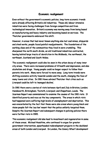 AQA A level modern Britain 1951-2007, Thatcher and economic realignment | Teaching Resources