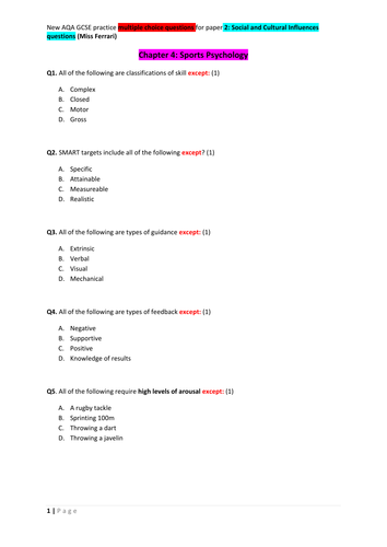 AQA GCSE PE (9-1) Paper 2 - over 50 multiple choice questions and ...
