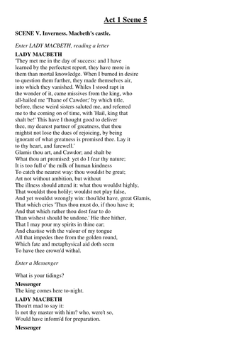 Act 1 Scene 5 Macbeth GCSE English Literature 9-1 | Teaching Resources