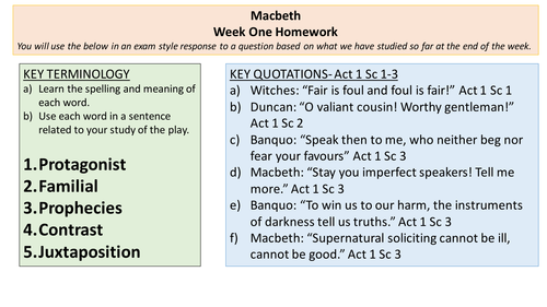 Macbeth weekly quotations and key terms homework tasks | Teaching Resources