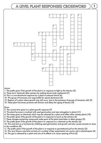 A Level Biology: Crossword Pack on Plant and Animal Responses ...
