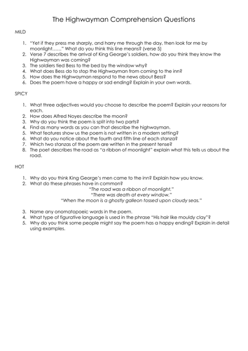 The Highwayman Comprehension Questions Challenging for Year 6 ...