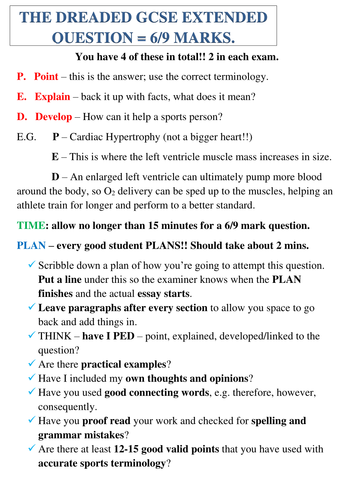 GCSE PE 9 mark extended question student responses, help cards etc (NEW ...