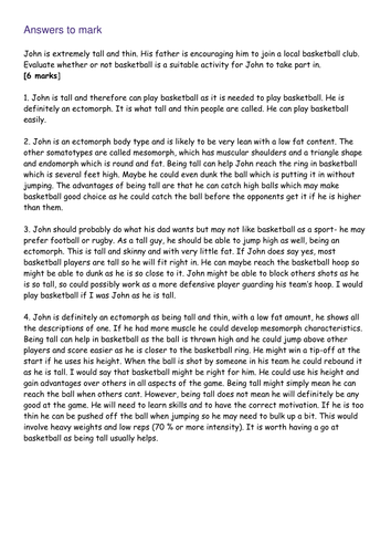 GCSE PE 9 mark extended question student responses, help cards etc (NEW ...