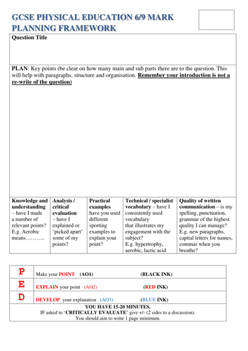 GCSE PE 9 mark extended question student responses, help cards etc (NEW ...