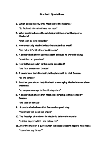 AQA Macbeth Quotations Quiz and accompanying student worksheet ...