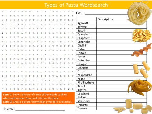 Types of Pasta Wordsearch Food Design Technology Starter Settler ...