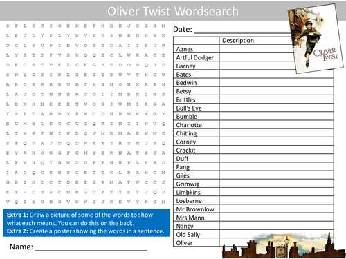 Oliver Twist Wordsearch Charles Dickens Novel Starter Settler Activity ...
