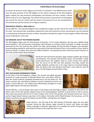 A Brief History of Ancient Egypt - Reading Comprehension Worksheet ...