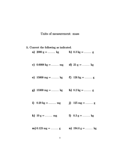 Units of measurement: mass worksheet (with detailed solutions ...