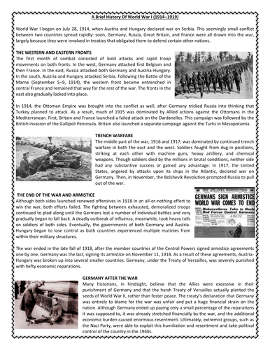 A Brief History Of World War I - Reading Comprehension Worksheet / Text ...