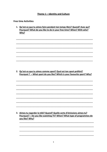 THEME 1 IDENTITY AND CULTURE: FREE TIME ACTIVITIES | Teaching Resources