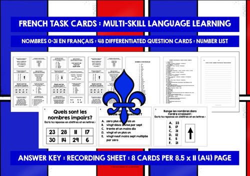 FRENCH NUMBERS 0-31 CHALLENGE CARDS | Teaching Resources