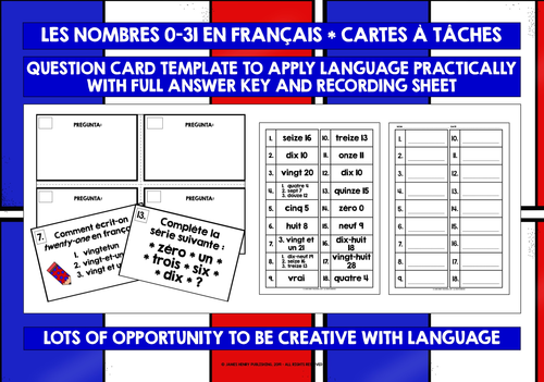 FRENCH NUMBERS 0-31 CHALLENGE CARDS | Teaching Resources