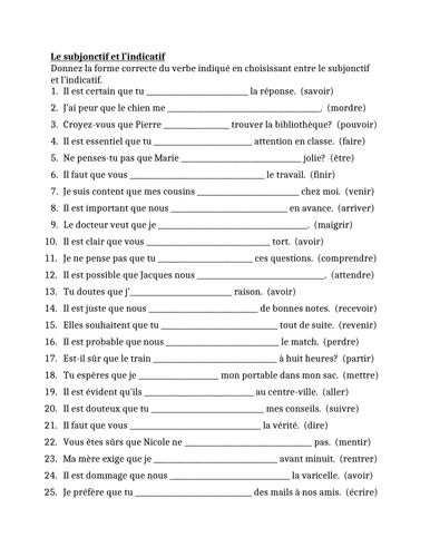 Subjonctif et indicatif in French Worksheet 1 | Teaching Resources