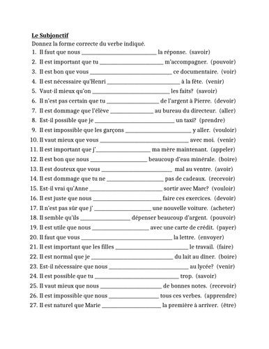 Subjonctif (Subjunctive in French) Worksheet 4 Irregular Verbs ...
