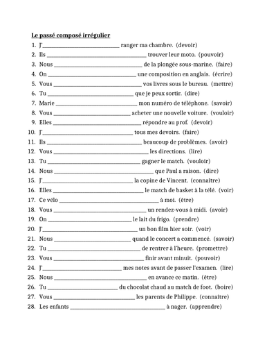 Passé Composé French Irregular Verbs Worksheet 5 | Teaching Resources