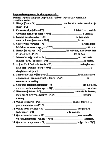Passé composé et plus-que-parfait French Worksheet | Teaching Resources