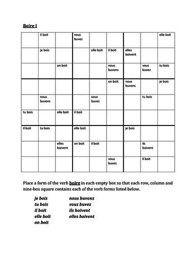 Boire French Verb Present Tense Sudoku | Teaching Resources