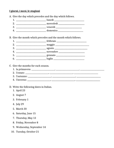 Giorni, Mesi, Stagioni (Days Months Seasons in Italian) Worksheet ...