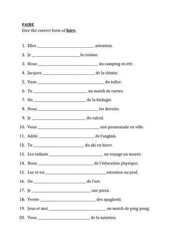 Faire French Verb Worksheet 3 | Teaching Resources
