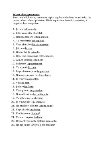 Pronoms compléments Direct Object Pronouns Worksheet 3 | Teaching Resources