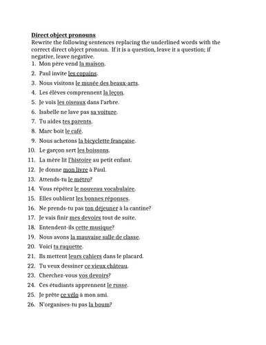 Pronoms compléments Direct Object Pronouns Worksheet 4 | Teaching Resources