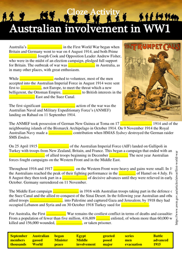 4 Cloze Activities: Australian Involvement in World War 1 | Teaching ...