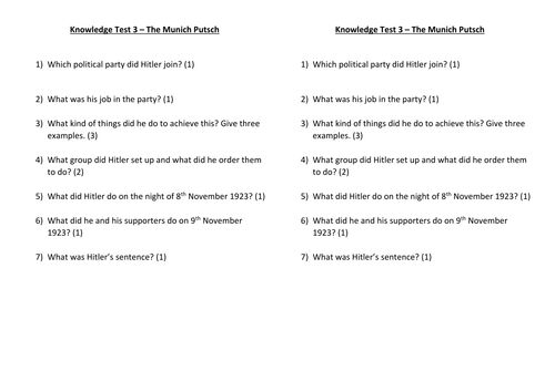 AQA GCSE History Germany 1890-1945 - Knowledge Test | Teaching Resources