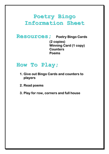 Game: Poetry Bingo | Teaching Resources