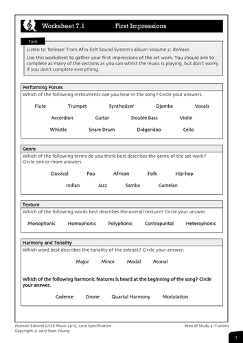 Worksheet Pack for Pearson Edexcel GCSE Music (2016 Specification ...