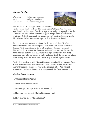 Machu Picchu Cultural Reading (in English) | Teaching Resources