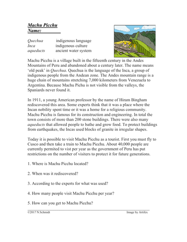 Machu Picchu Cultural Reading (in English) | Teaching Resources