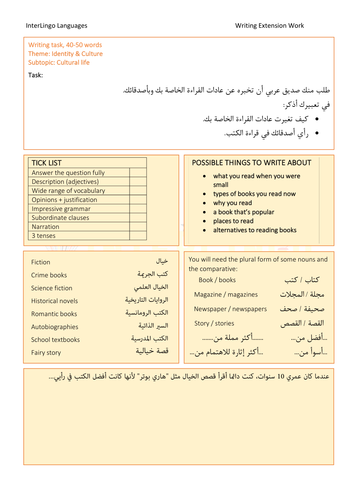 Writing Worksheets for the New GCSE Arabic - part 2 | Teaching Resources