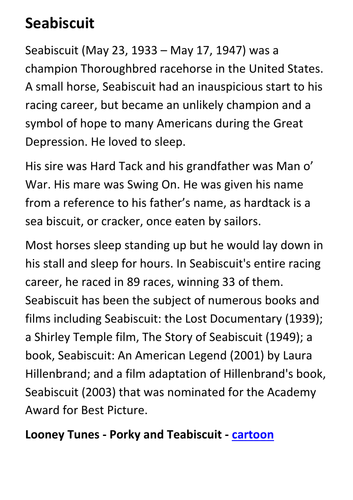Seabiscuit Handout | Teaching Resources