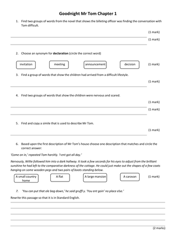 Goodnight Mr Tom (Chapter 1) Year 6 Comprehension SATs Style Questions ...